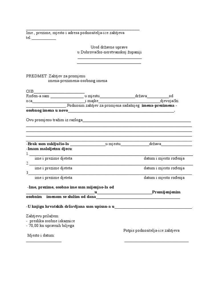 Zahtjev Za Promjenu Imena Prezimena Osobnog Imena | PDF