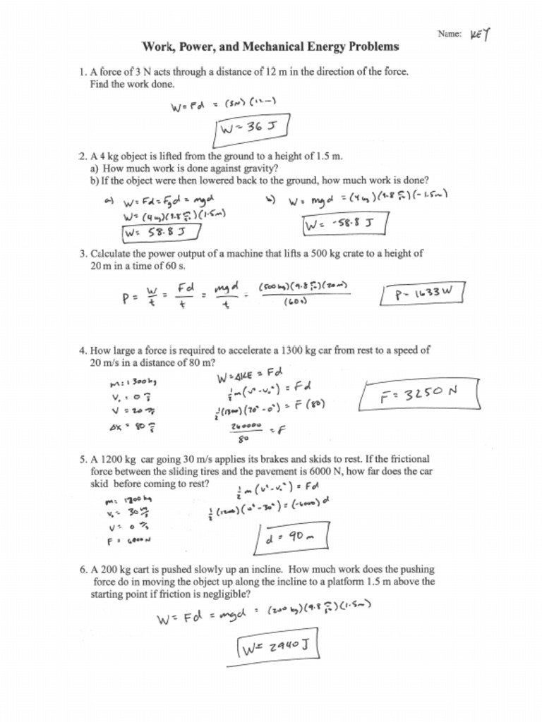 Work, Power and Mechanical Energy Practice Problems Solutions PDF | PDF