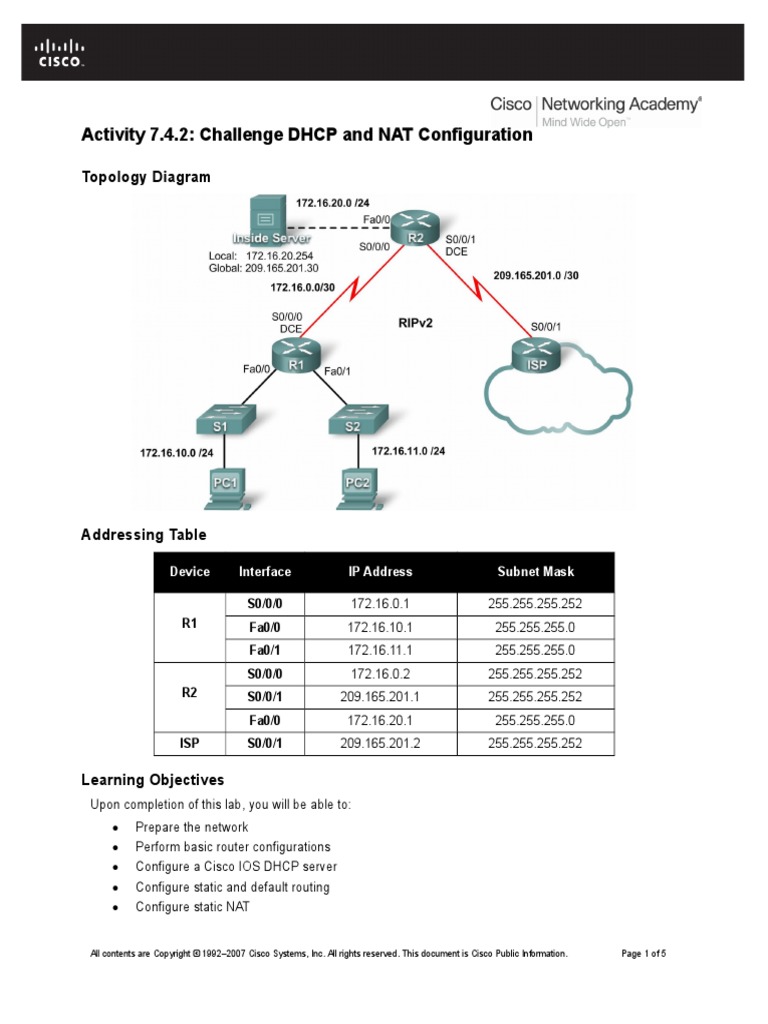 Activity 7.4.2 Challenge DHCP and NAT Configuration | PDF | Ip Address ...