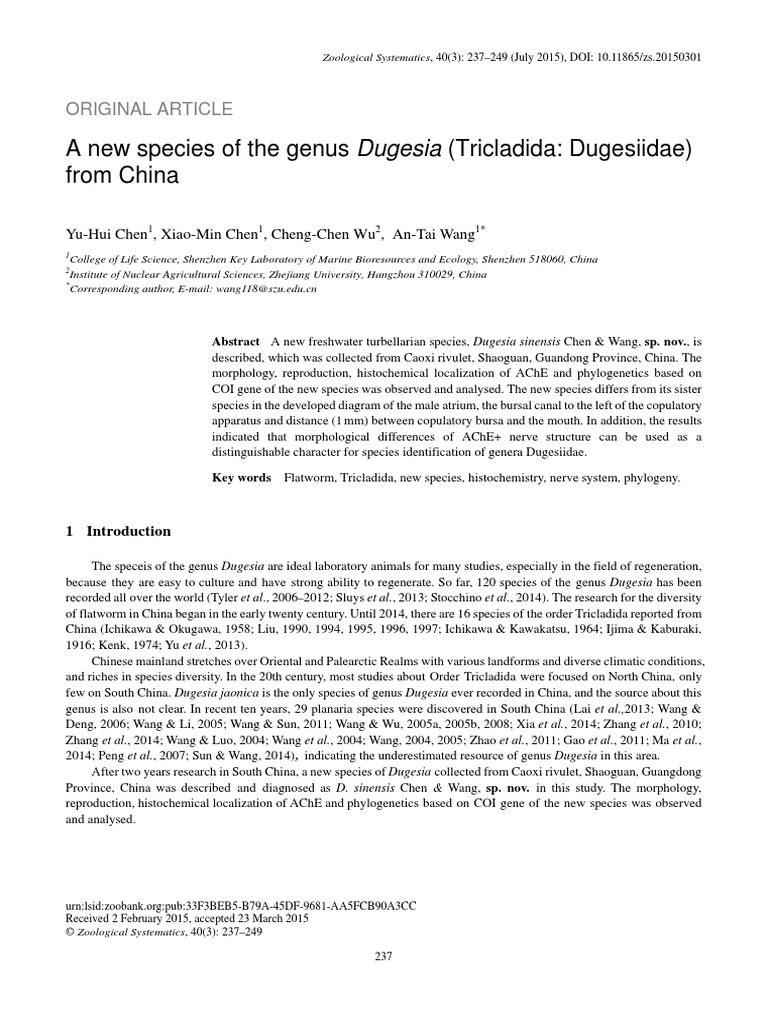 A New Species of The Genus Dugesia (Tricladida: Dugesiidae) From China ...