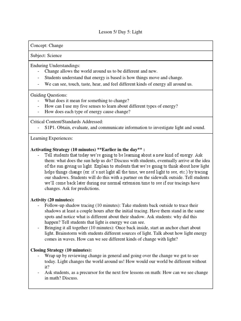 Lesson Plans Day 5 | PDF | Light | Lesson Plan