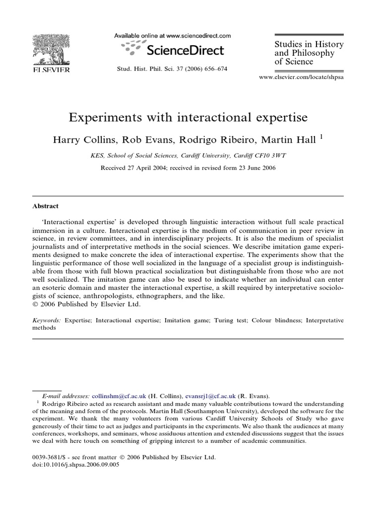 Experiments With Interactional Expertise - Harry Collins, Rob Evans ...