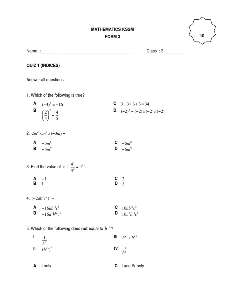 Form 3 Math Quiz on Indices | PDF