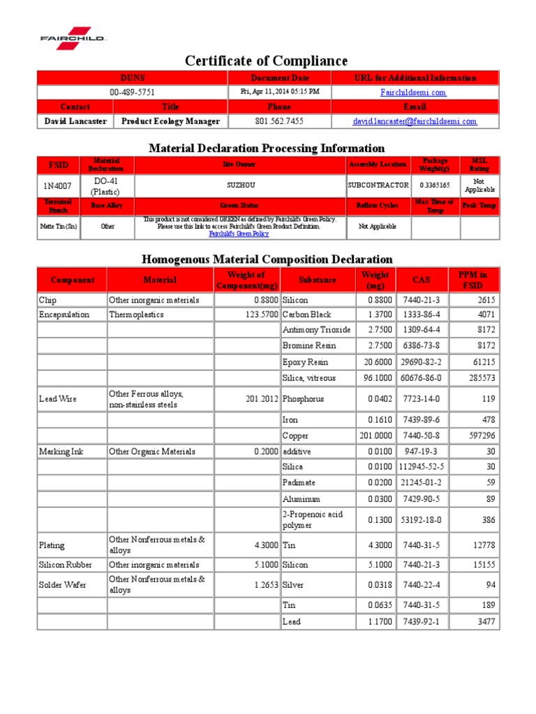 Certificate of Compliance: Material Declaration Processing Information ...
