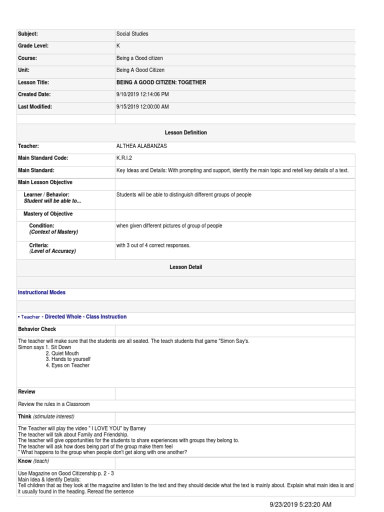 Good Citizenship Lesson Plan for K-Grade | PDF | Citizenship | Teachers