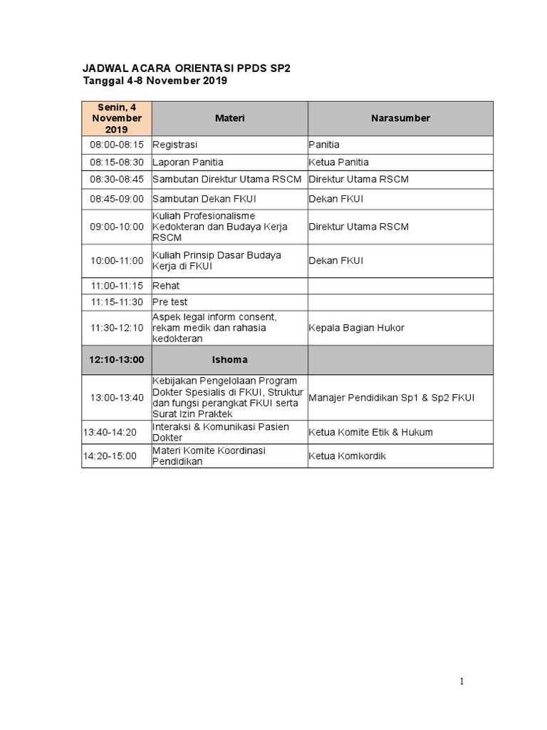 RUNDOWN SP2 - Orientasi RSCM | PDF