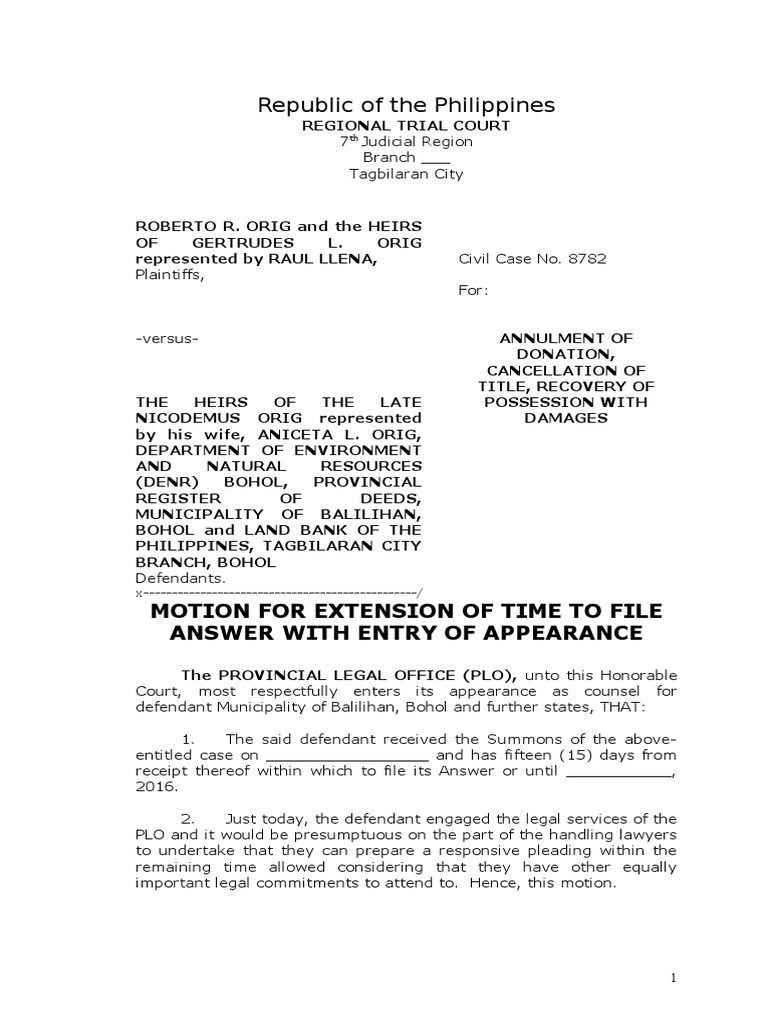 Motion For Extension of Time To File Answer Orig vs. Municipality of Balilihan Et. Al. Civil ...