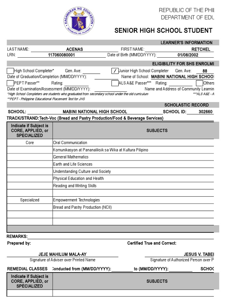 Senior High School Student Permanent Record: Republic of The ...