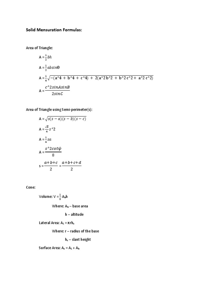 Solid Mensuration Formulas | PDF | Area | Sphere