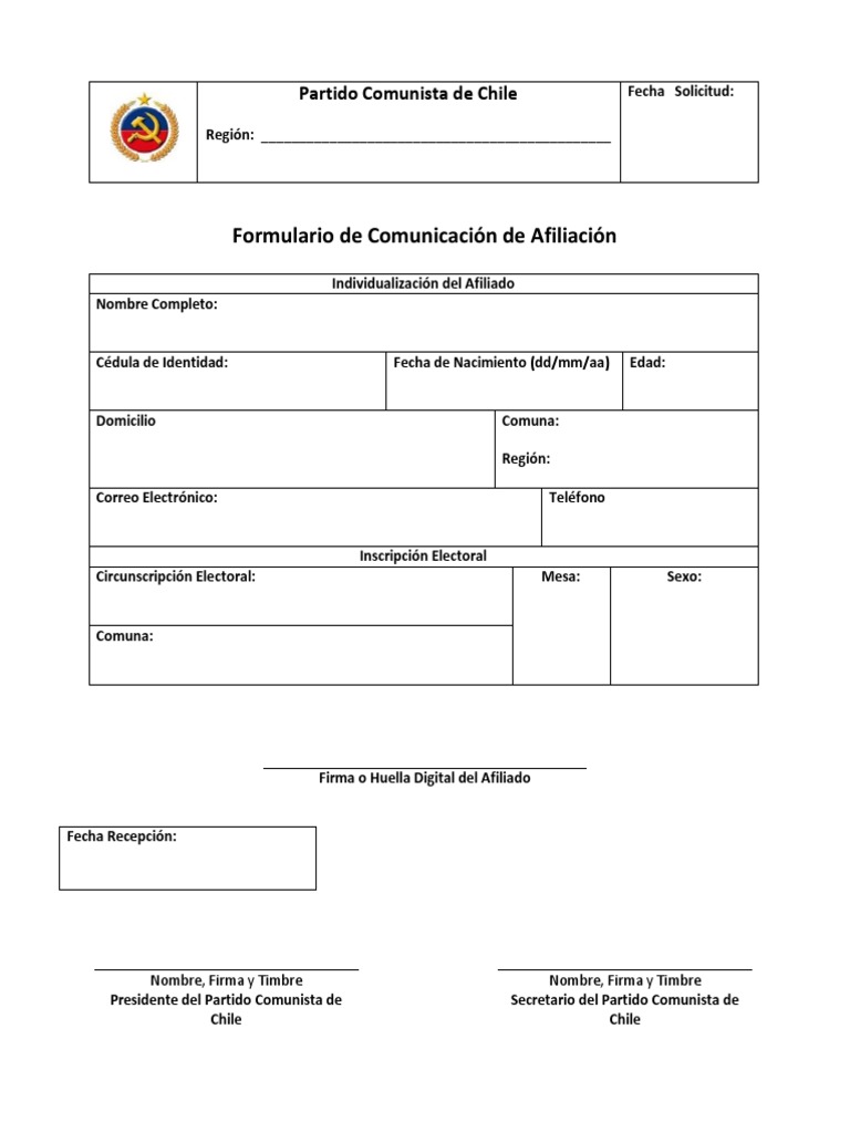 Formulario Afiliación Partido Conunista Chileno Pdf