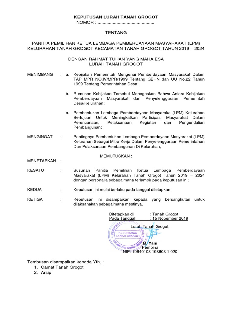 SK Panitia LPM Kelurahan Tanah Grogot | PDF