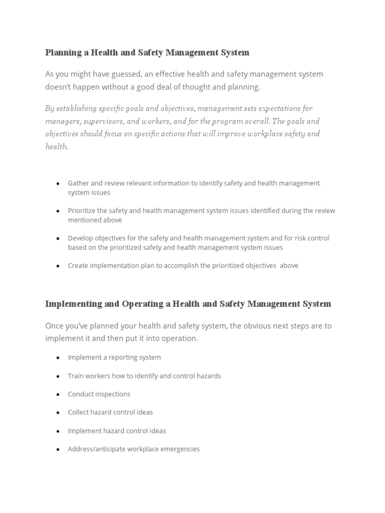 Planning A Health and Safety Management System | PDF | Occupational ...