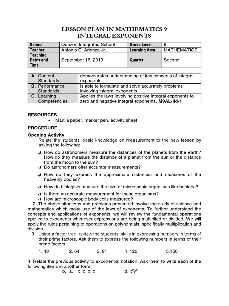 Lesson Plan in Mathematics 9 Integral Exponents: School Grade Level ...