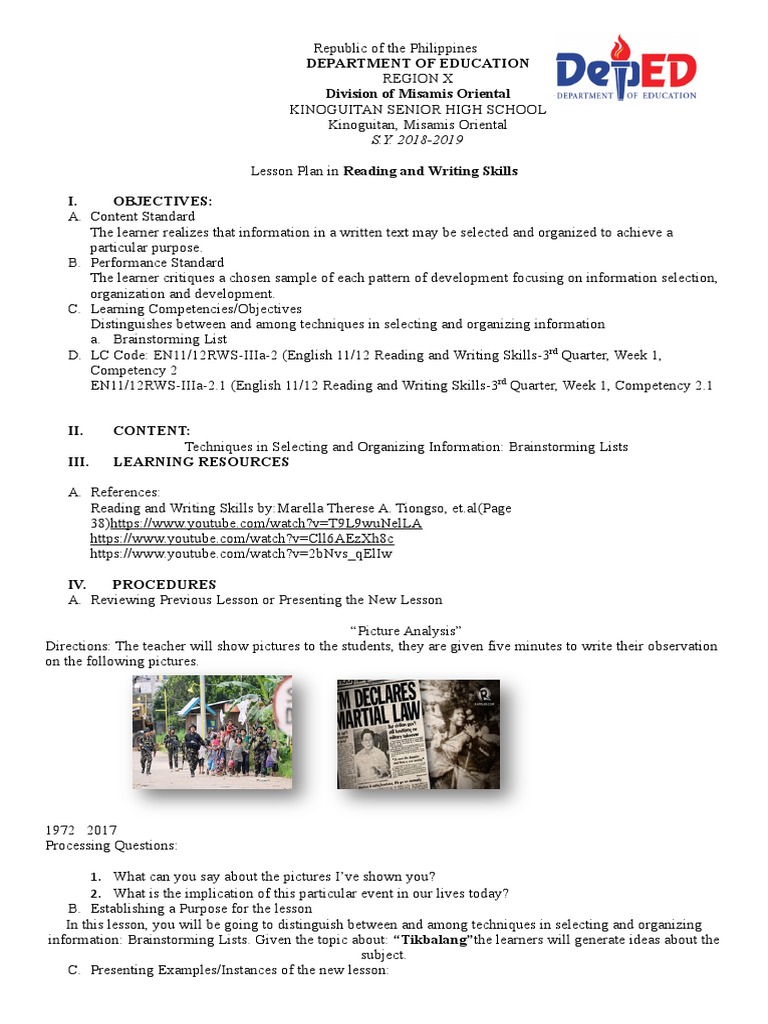 EN1112RWS-IIIa-2.1 Reading and Writing DLP | PDF | Brainstorming ...