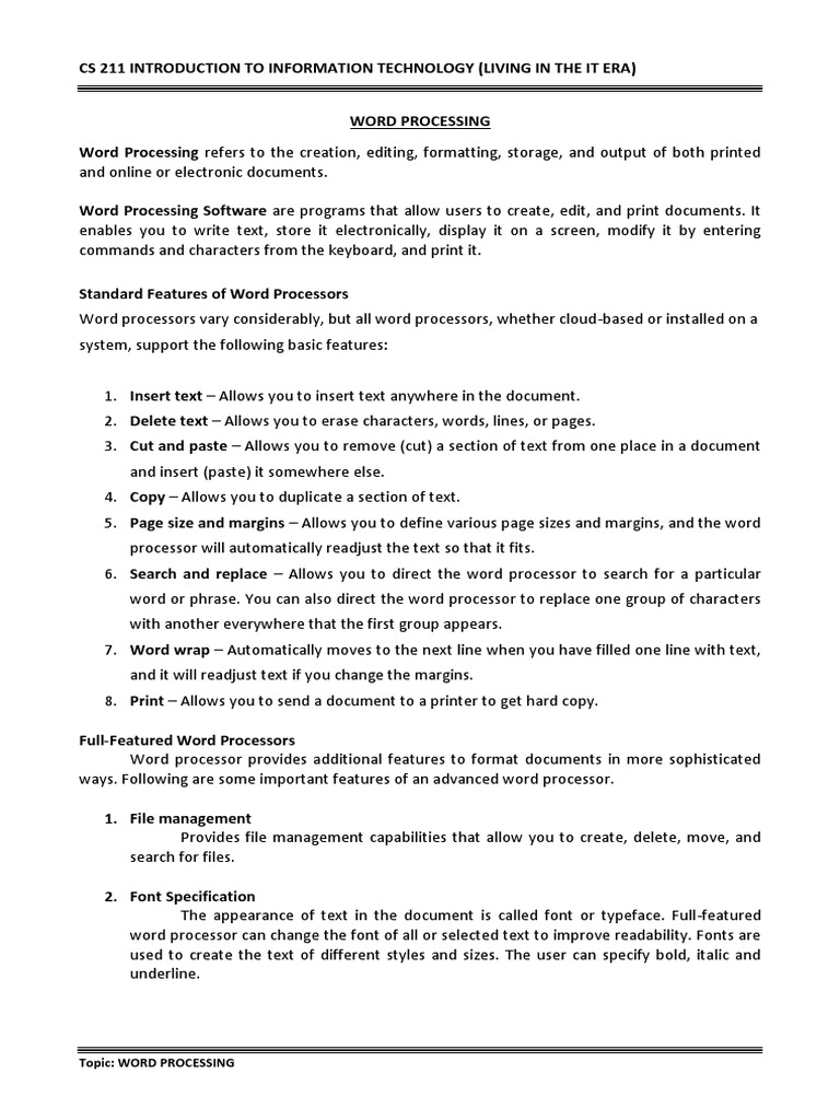 Topic: Word Processing | PDF | Word Processor | Page Layout
