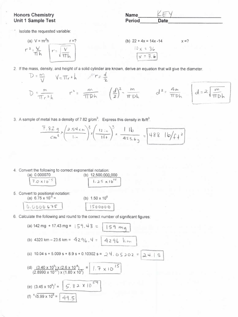 H Chem Unit 1 Sample Test Key | PDF | Tests | Evaluation Methods