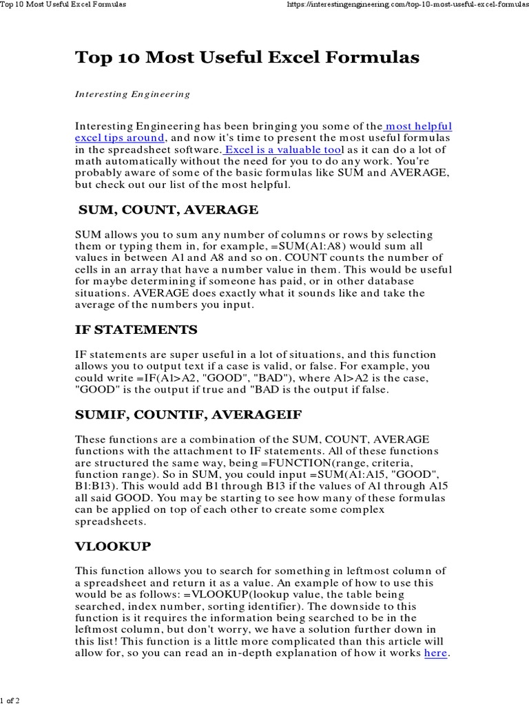 Top 10 Most Useful Excel Formulas | PDF | Spreadsheet | Microsoft Excel