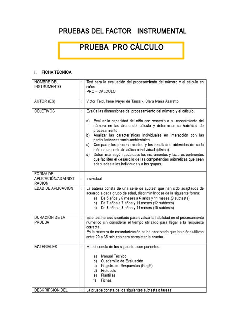 Test Pro-Cálculo para Niños | PDF | Evaluación | Sustracción