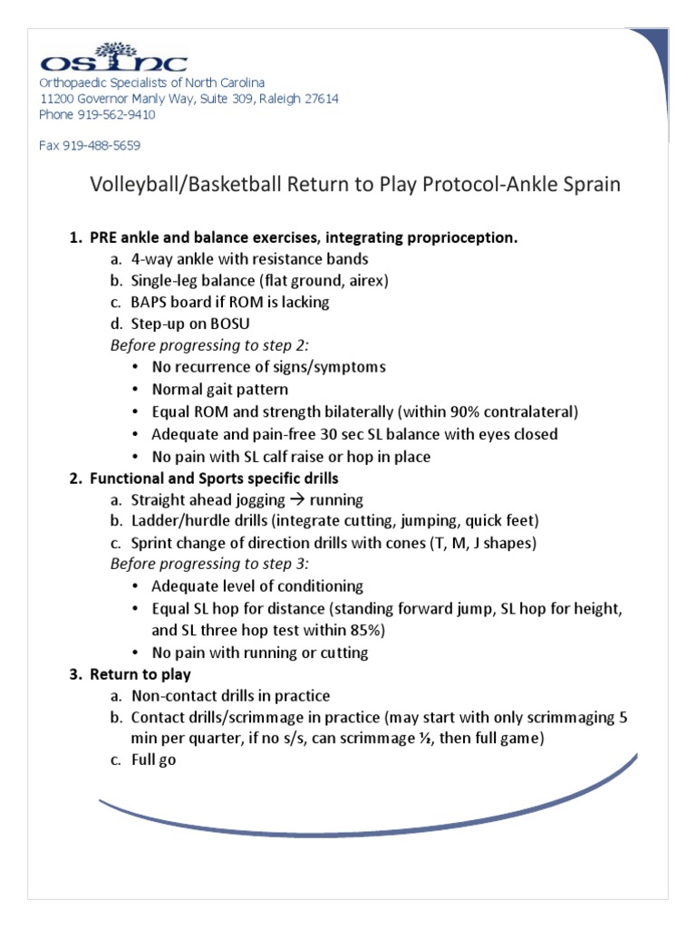 Volleyball/Basketball Return To Play Protocol - Ankle Sprain | PDF