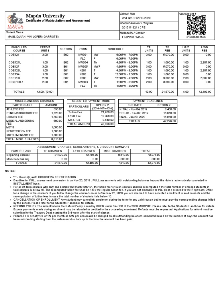 Mapúa University: Certificate of Matriculation and Assessment | PDF ...