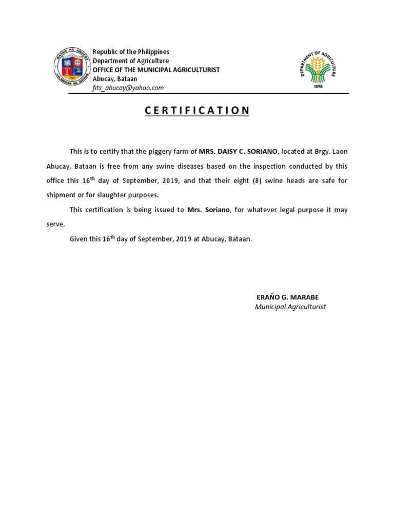 Certification Shipping of Swine | PDF | Agriculture | Food Industry