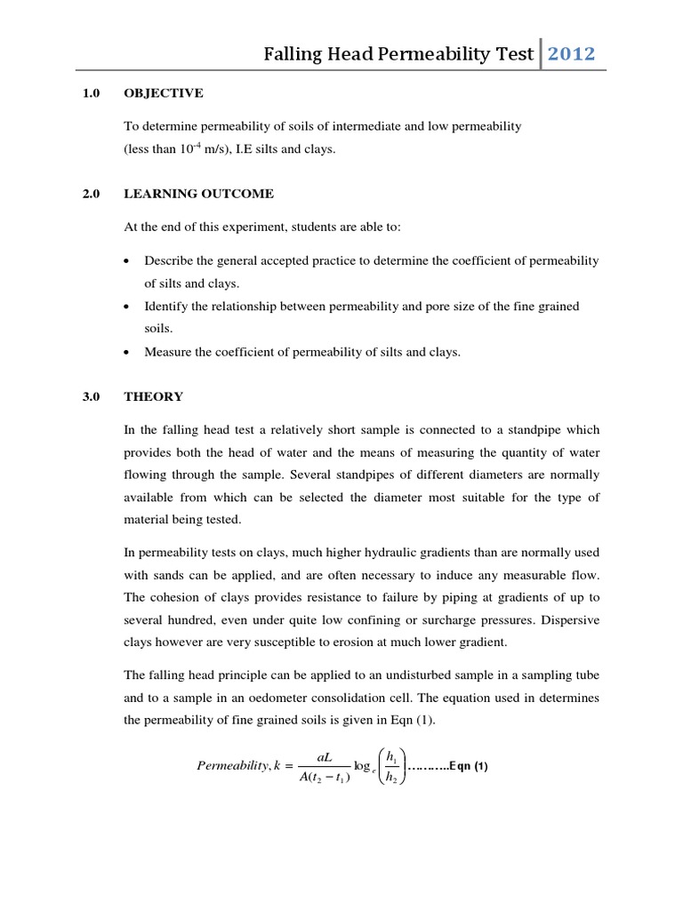 Falling Head Permeability Test Guide | PDF | Porosity | Geotechnical ...