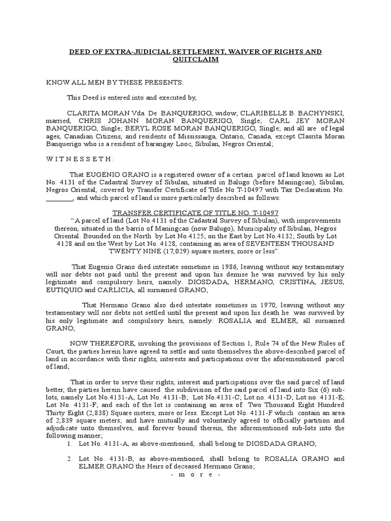Deed of Extrajudicial Settlement and Partition - Grano | Download Free ...