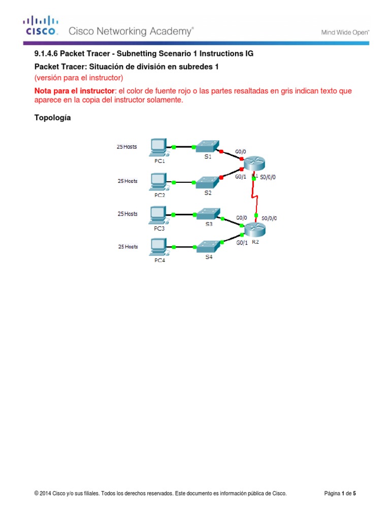 9.1.4.6 Packet Tracer - Subnetting Scenario 1 Instructions IG | PDF ...