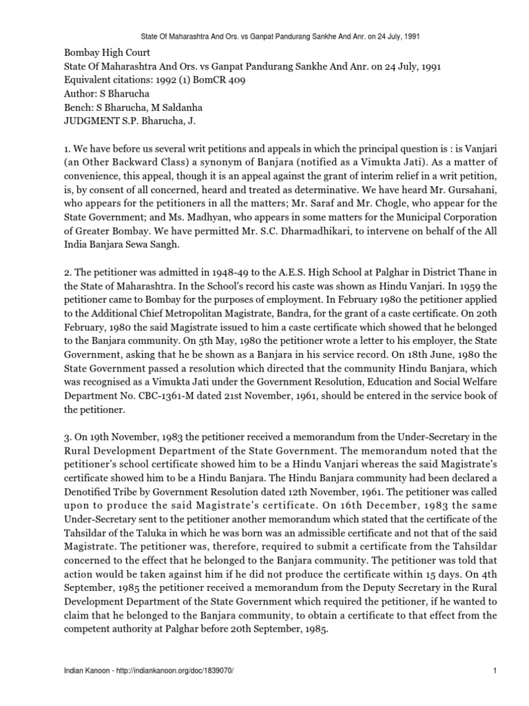 State of Maharashtra and Ors. Vs Ganpat Pandurang Sankhe and Anr. On 24 July, 1991 PDF | PDF ...