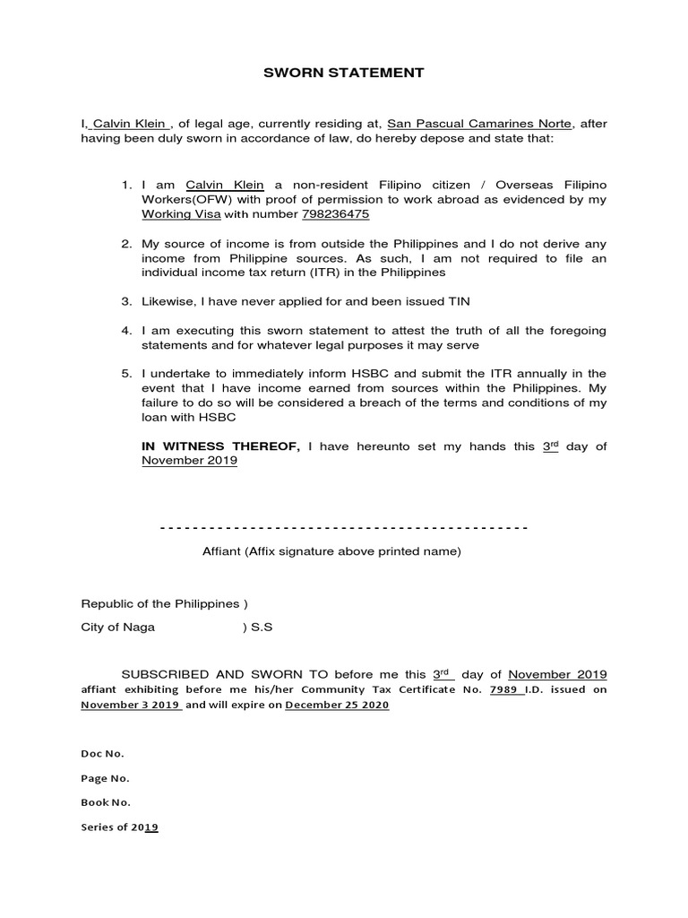 Sworn Statement for Non-Resident Filipino | PDF