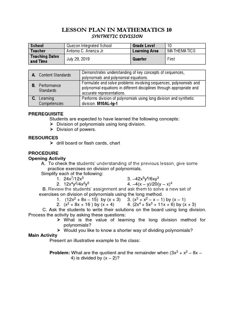 Math 10 Synthetic Division | PDF | Division (Mathematics) | Numerical ...