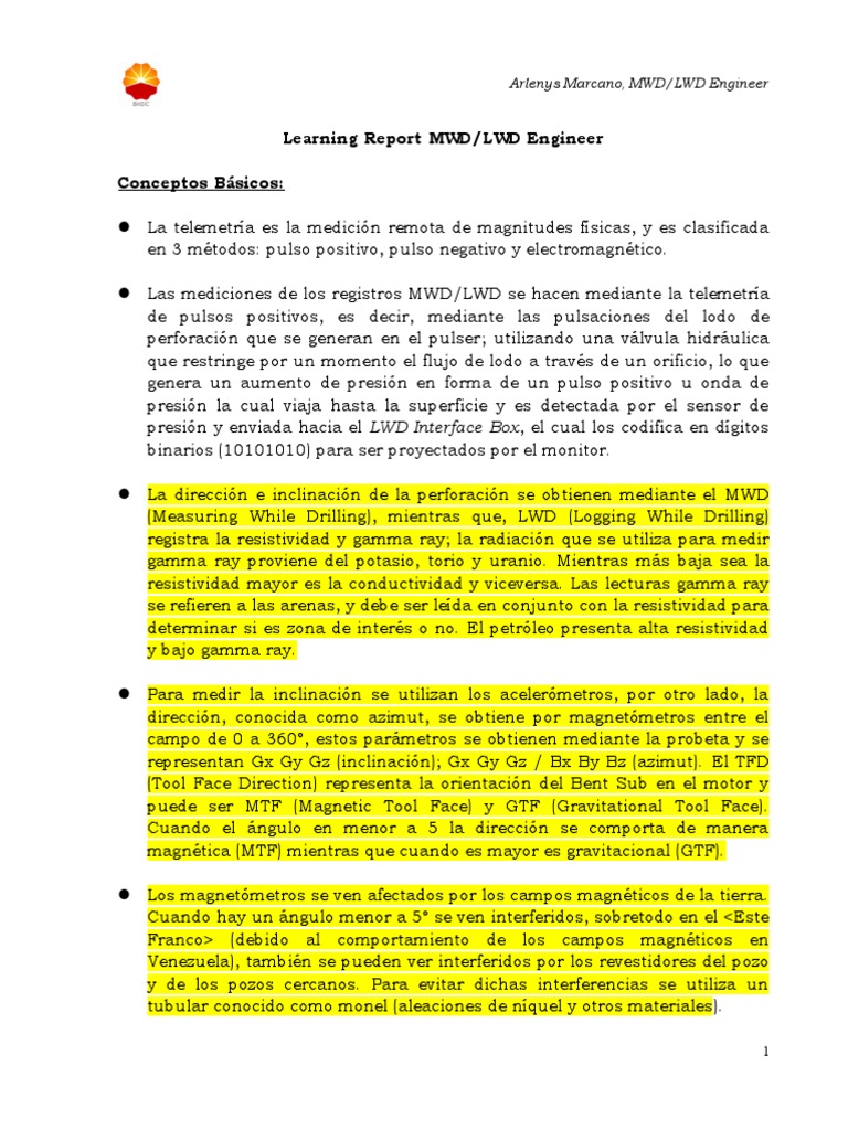 Learning Report MWD-LWD Engineer. Spanish | PDF | Longitud | Archivo de ...