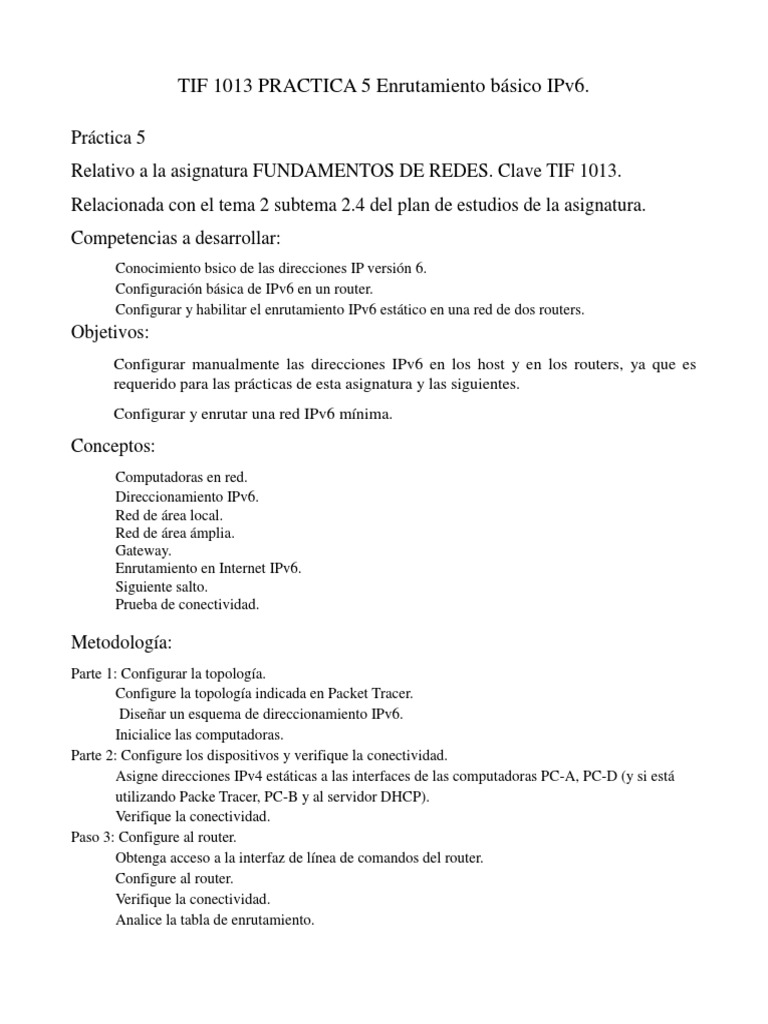 TIF 1013 PRACTICA 5 Enrutamiento Básico IPv6 | PDF | Enrutador (Computación) | Yo Pv6
