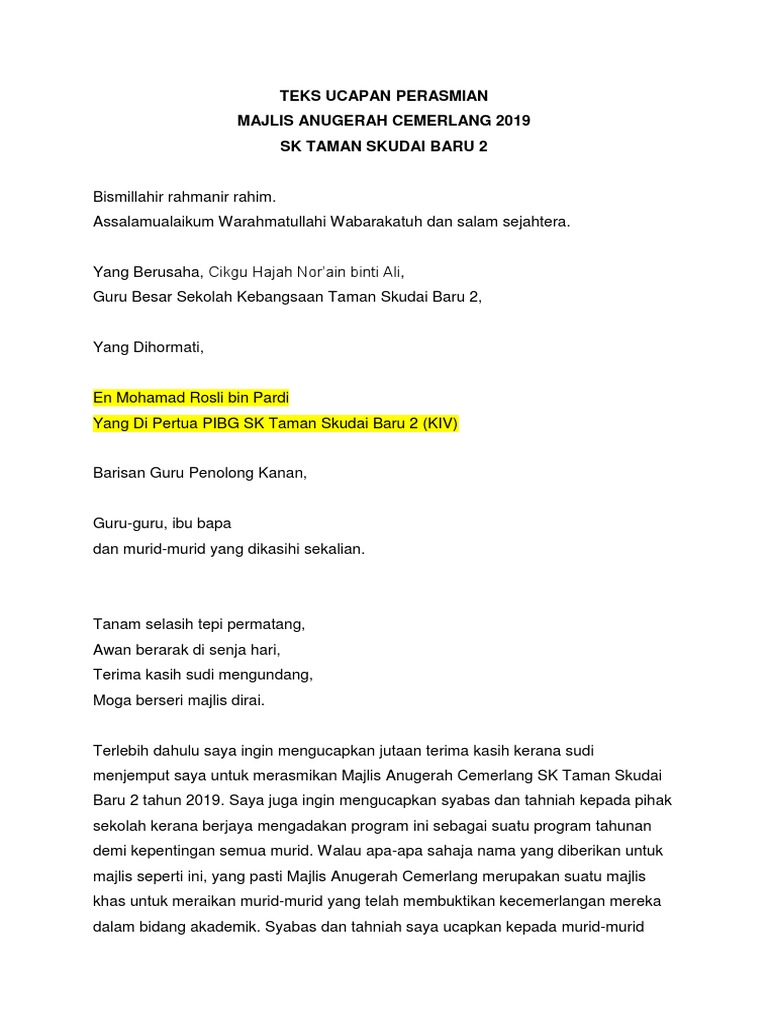 Teks Ucapan Perasmian Majlis Anugerag Cemerlang Sktsb2 2019 | PDF