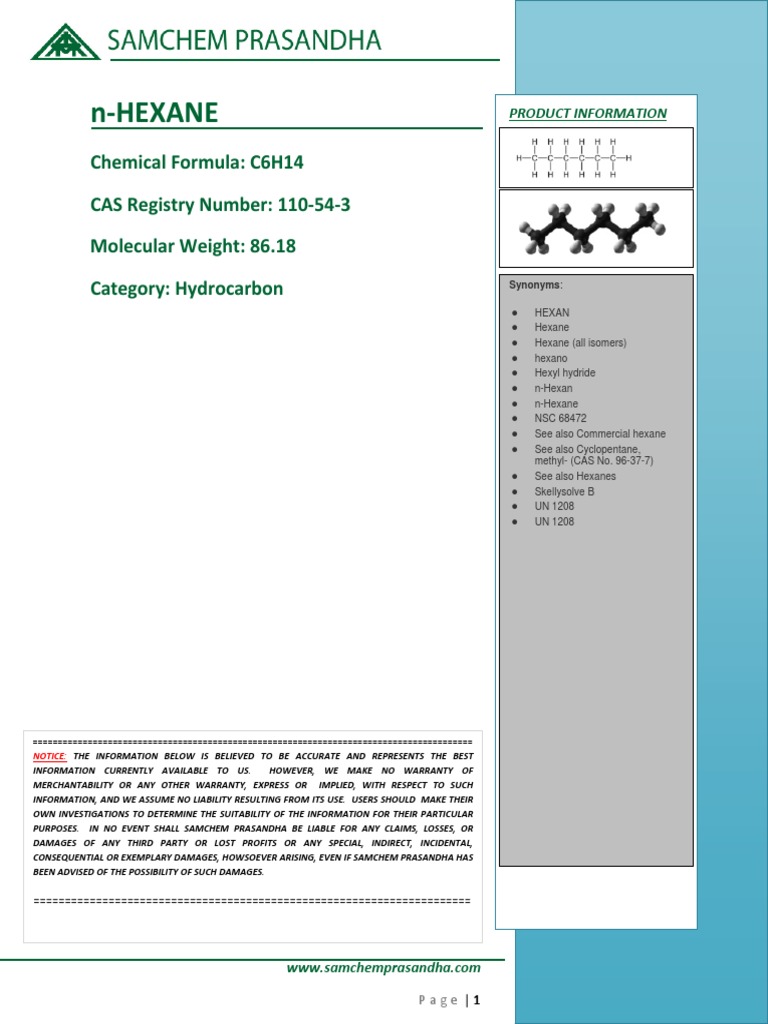 N Hexane: Chemical Formula: C6H14 CAS Registry Number: 110 54 3 ...