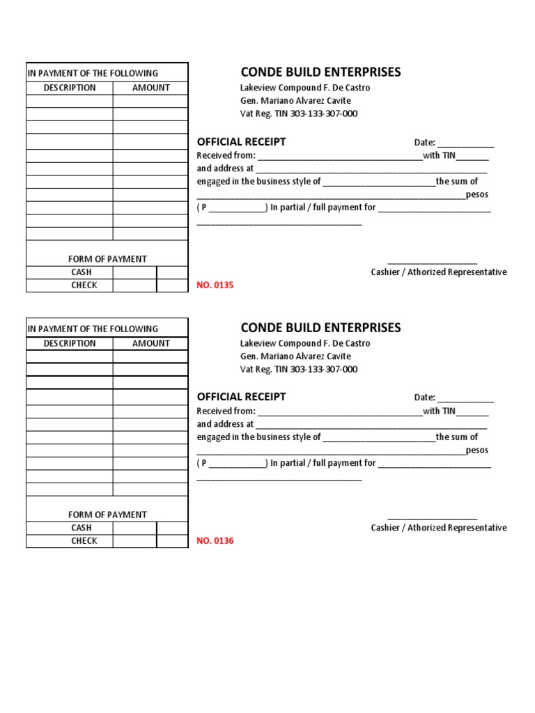 Official receipt template for construction payment | PDF | Receipt ...
