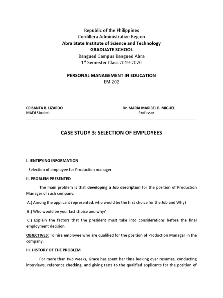 Case Study No.3 Selection of Employee | PDF | Academic Degree | Employment