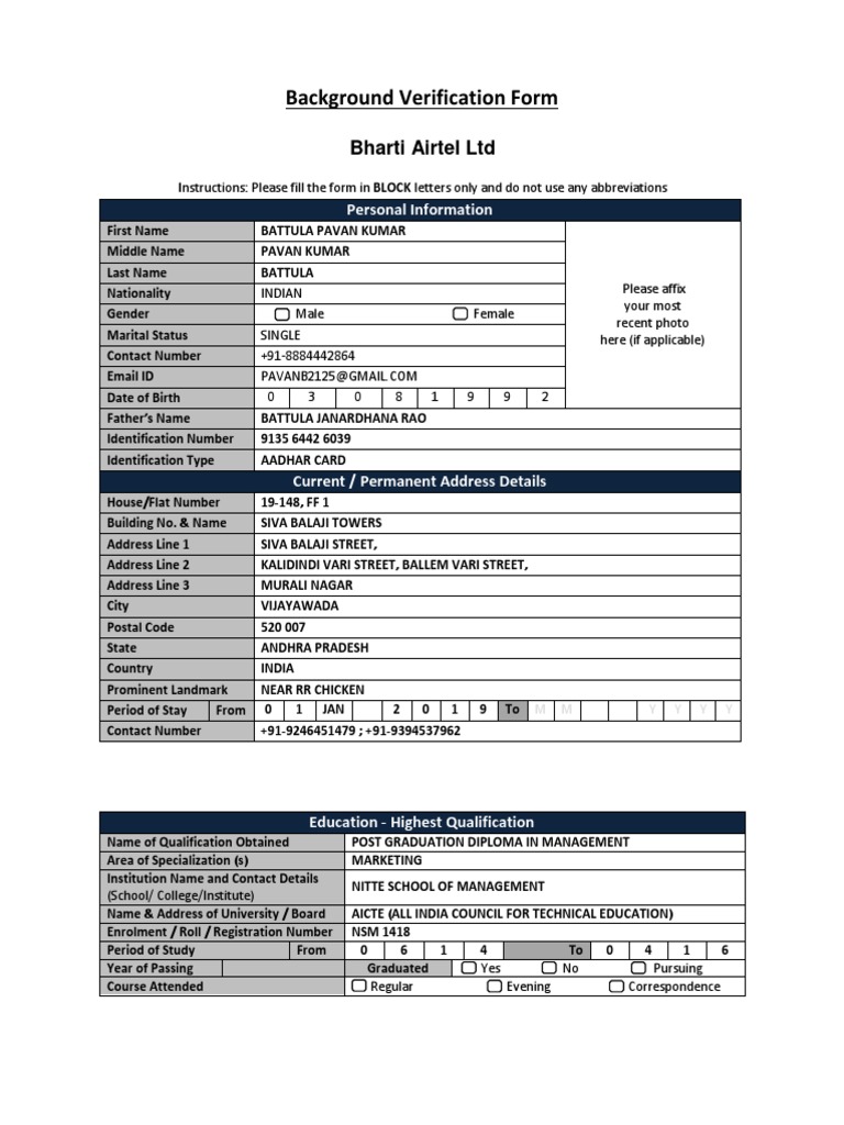 Background Verification Form | PDF | Employment | Government Information