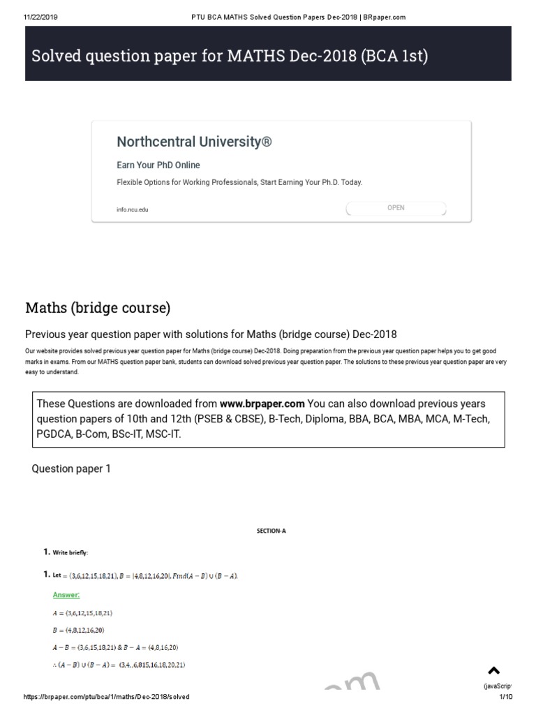 PTU BCA MATHS Solved Question Papers Dec-2018 | PDF | Combinatorics ...