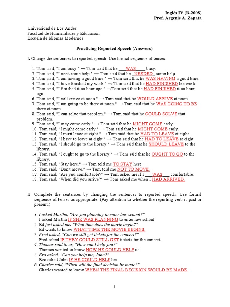 Practicing Reported Speech Answers | PDF | Linguistics | Grammar