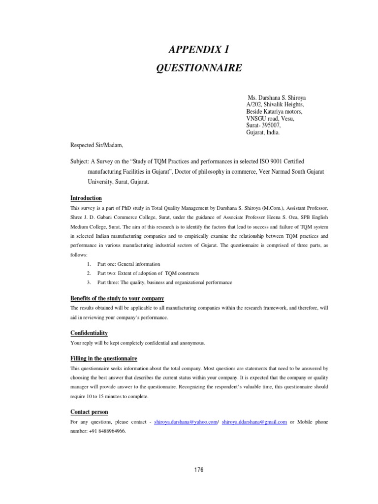 Appendix 1 Questionnaire | Download Free PDF | Business Process ...