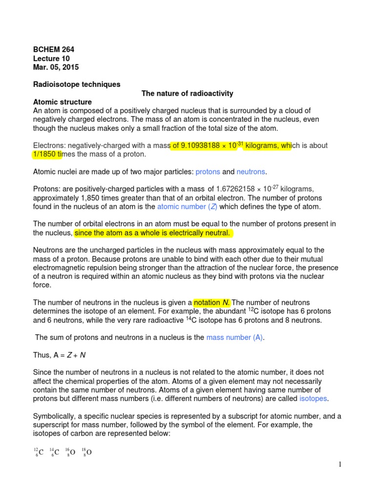 BCHEM 264 Mar. 05, 2015 Radioisotope Techniques The Nature of ...