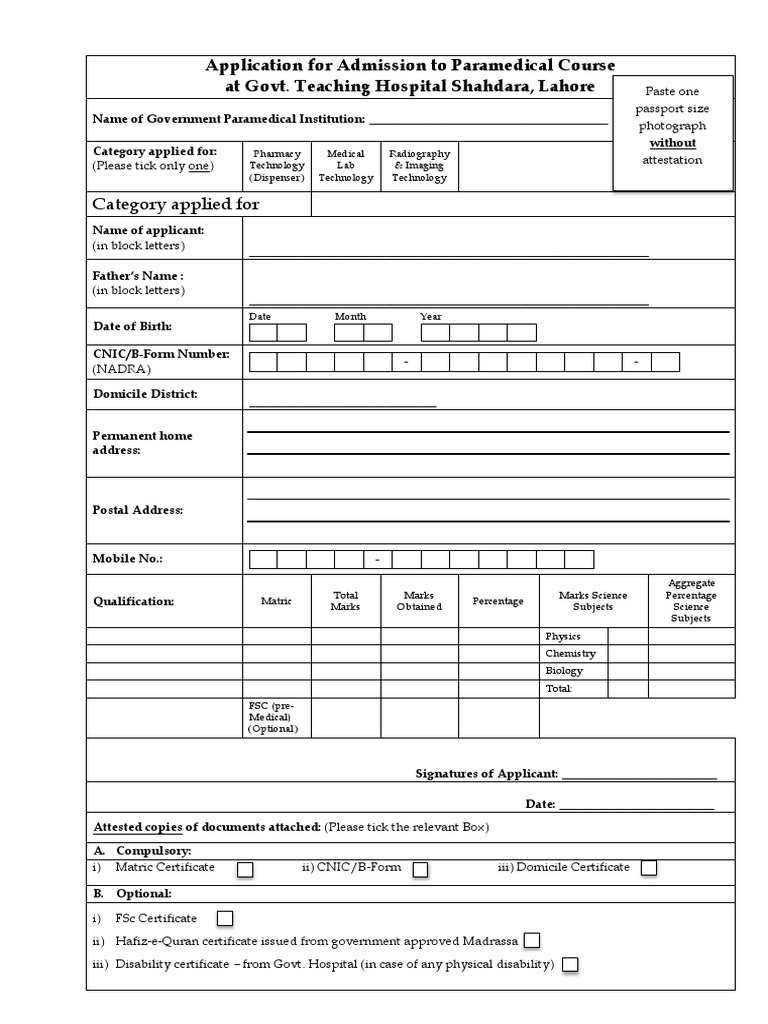 Application For Admission To Paramedical Course | PDF | Health Care