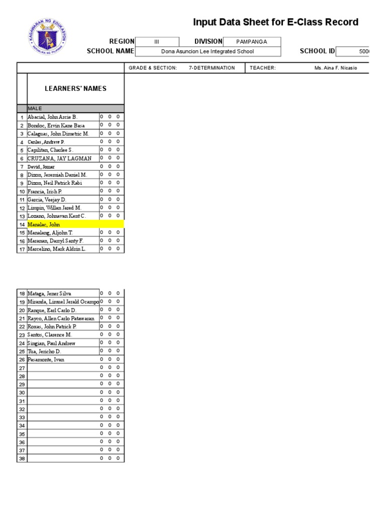 Input Data Sheet For E-Class Record: Region Division School Name School ...