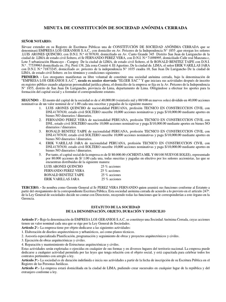 Minuta de Constitución de Empresa | PDF | Bancos | Conceptos legales