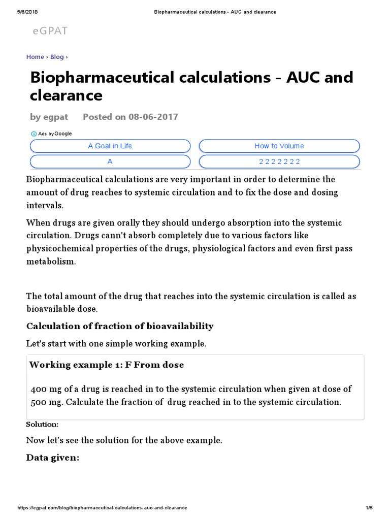 AUC and Clearance-Drug Calculations | PDF | Bioavailability ...