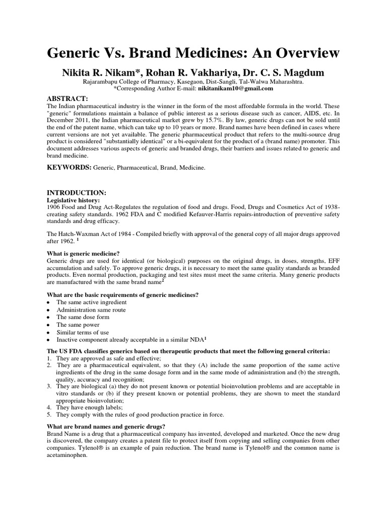 Intro-Generic vs. Brand Medicines-An Overview | Download Free PDF ...