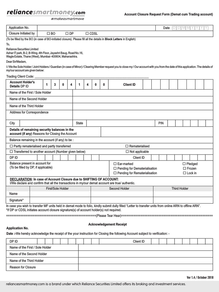 Reliancesmartmoney - Account Closure Form | PDF | Financial Services ...