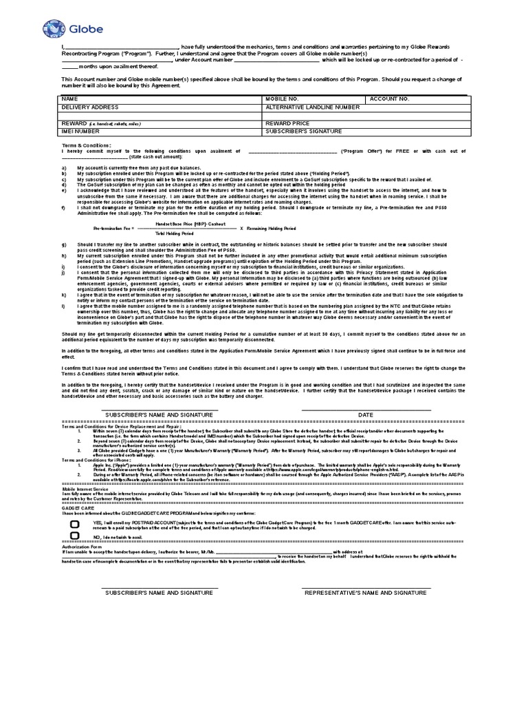 Globe Recontracting Form | PDF | Subscription Business Model | Apple Inc.