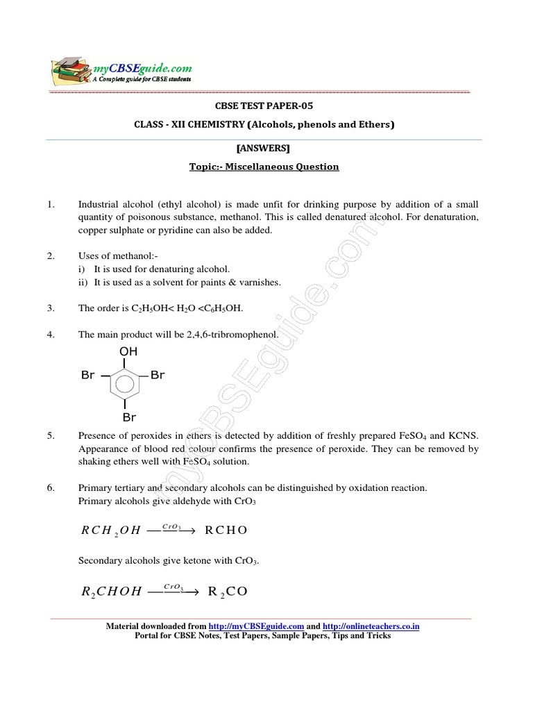 Cbse Test Paper-05 CLASS - XII CHEMISTRY (Alcohols, Phenols and Ethers ...